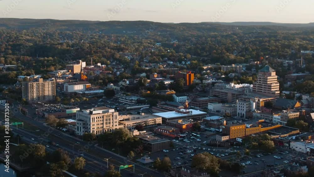 Aerial drone footage showing downtown area of Middletown Connecticut ...