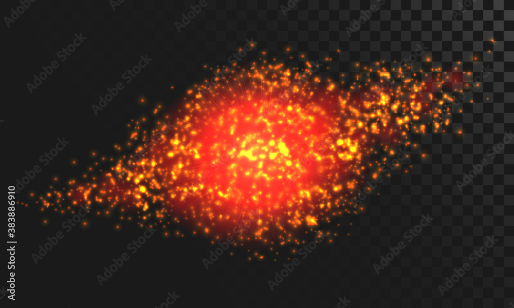 Fiery explosion over a dark background. Golden Glow light effect. Star ...