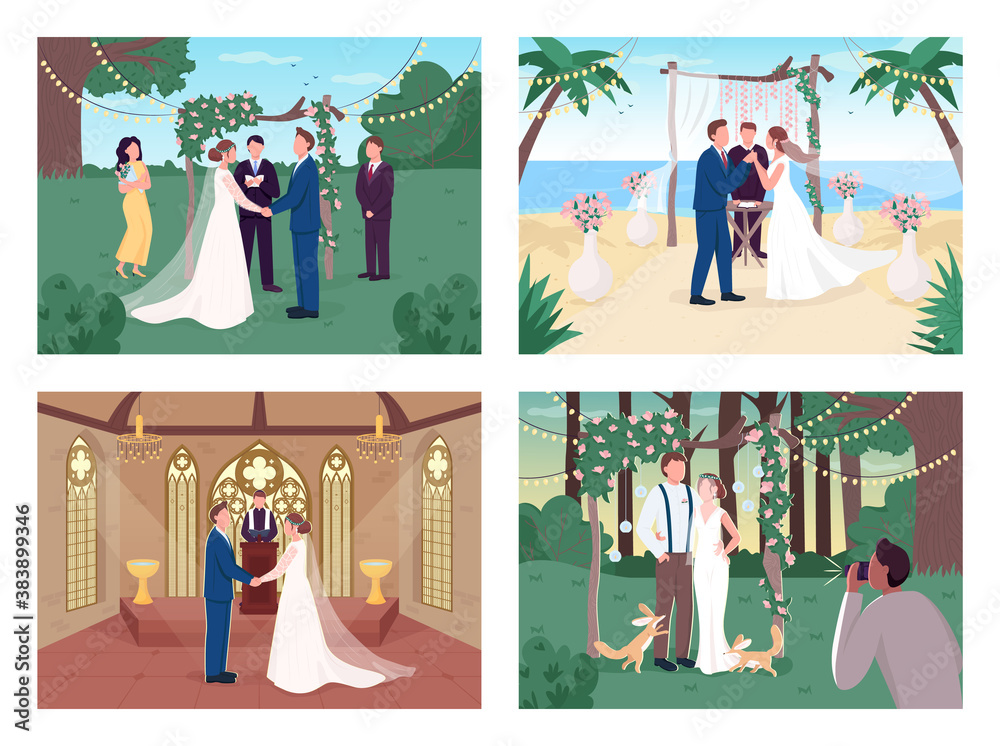 Religious and civil wedding ceremony flat color vector illustration set ...