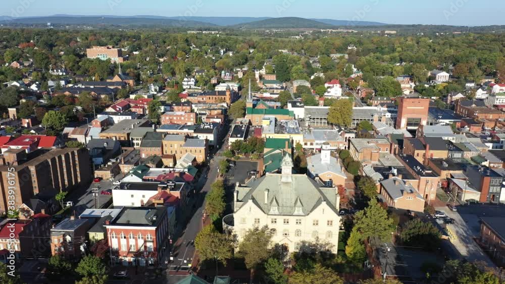 Beautiful aerial views of Winchester, VA walking mall and old town with ...