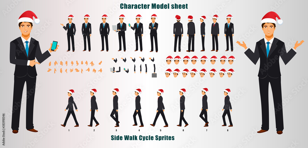 Business Man Santa Character Design Model Sheet with walk cycle and run ...