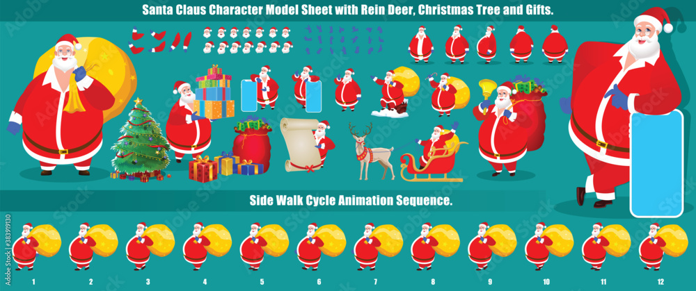 Christmas Santa Claus Character Design Model Sheet with walk cycle and ...