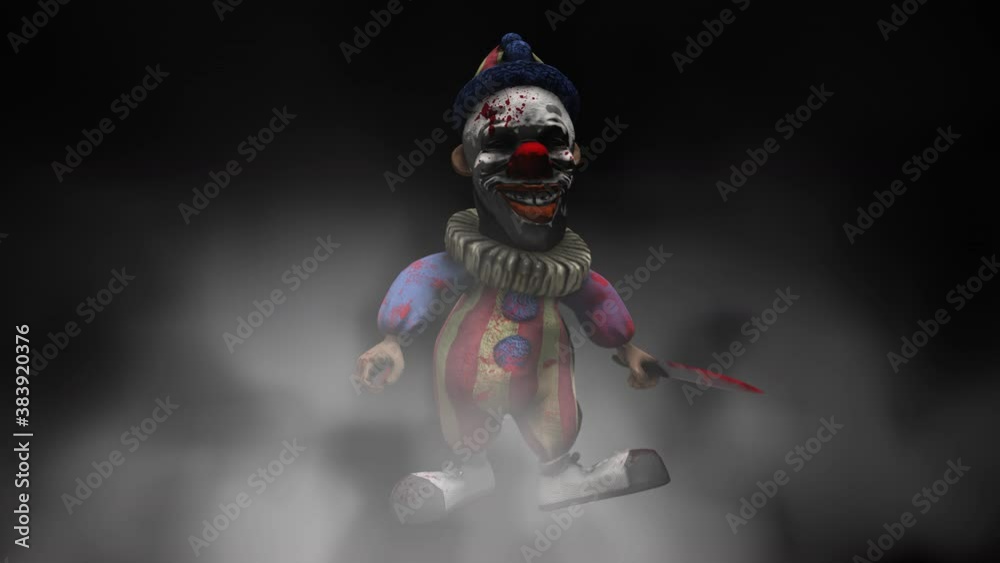 Seamless animation of a horror clown walking with knives in the fog ...