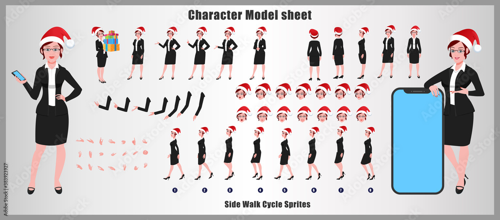 Christmas Santa Girl Character Design Model Sheet with walk cycle and ...
