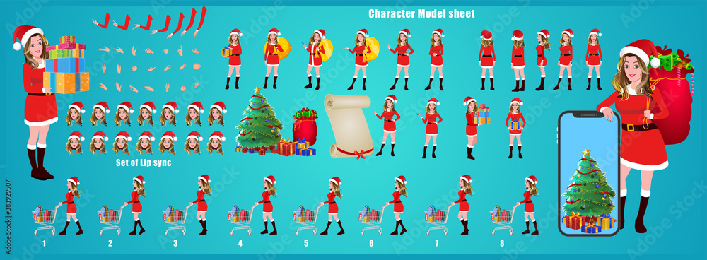Christmas Santa Girl Character Design Model Sheet with walk cycle and ...