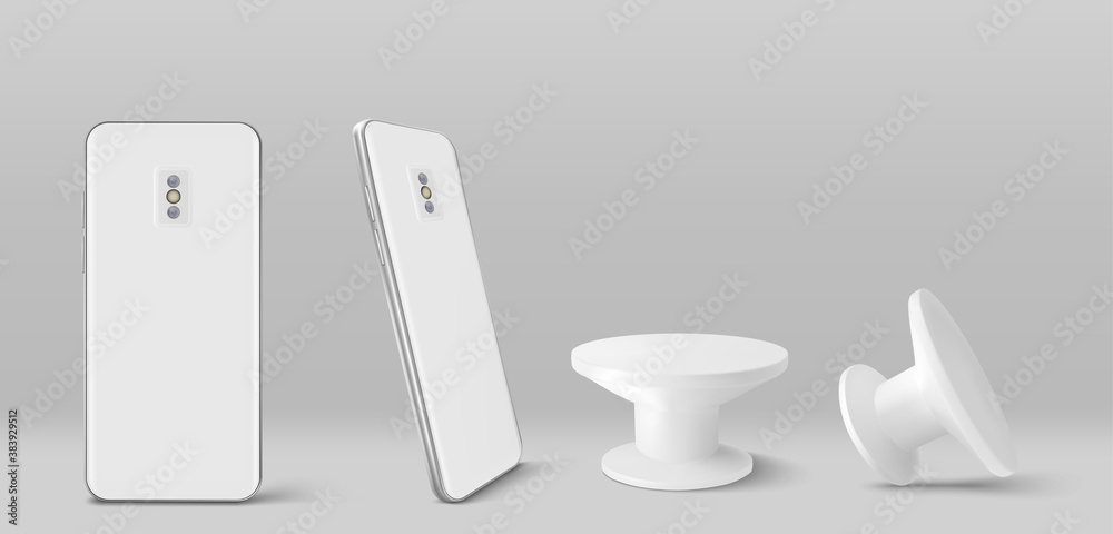 Smartphone back and pop socket holder in front and angle view. Vector ...