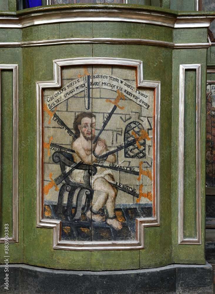 Strzelno, Poland - Confessor decorated with painting depicting deadly ...