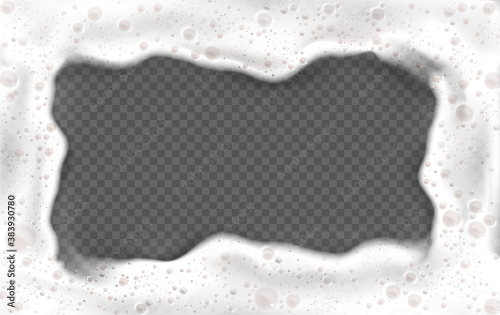 Foam frame, white beer or soap froth rectangular border with bubbles ...