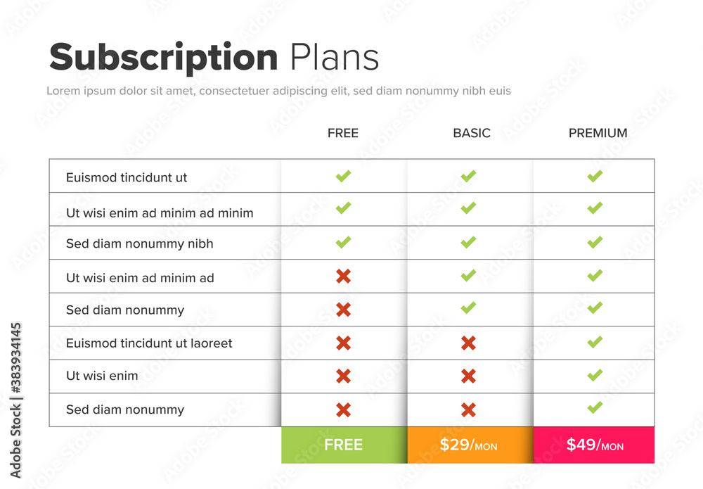 Modern Subscription Plans Table Layout Stock Template | Adobe Stock