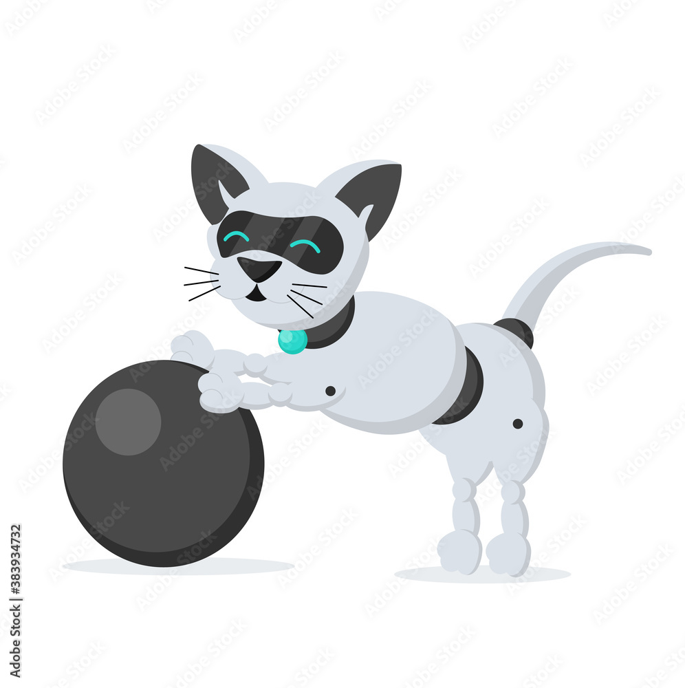 cute cat robot plays with a ball. Technological robot that measures the ...