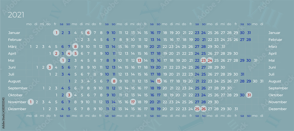 Calendar 2021 German on blue grey background. Linear calendar with ...