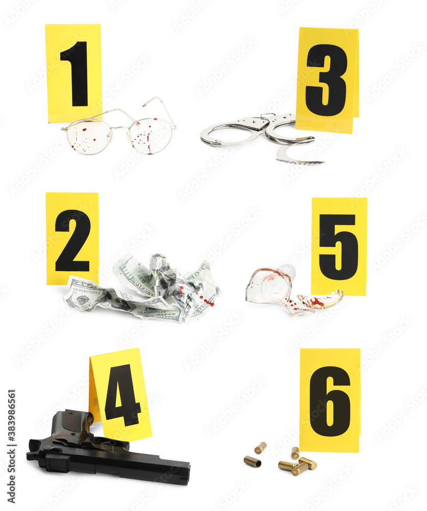 Crime scene investigation. Set of evidence identification markers and ...