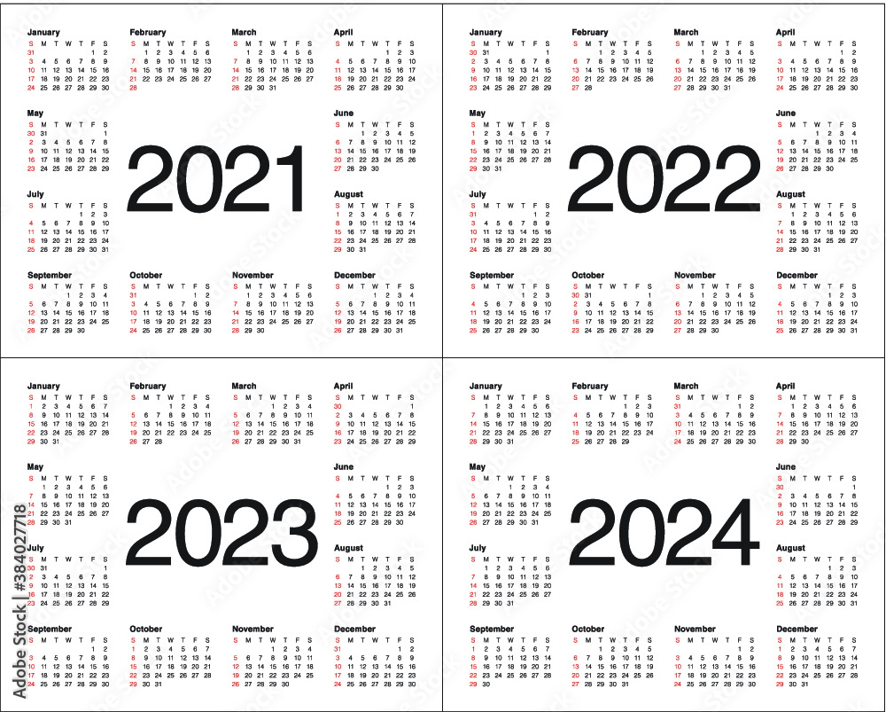 Year 2021 2022 2023 2024 calendar vector design template, simple and ...