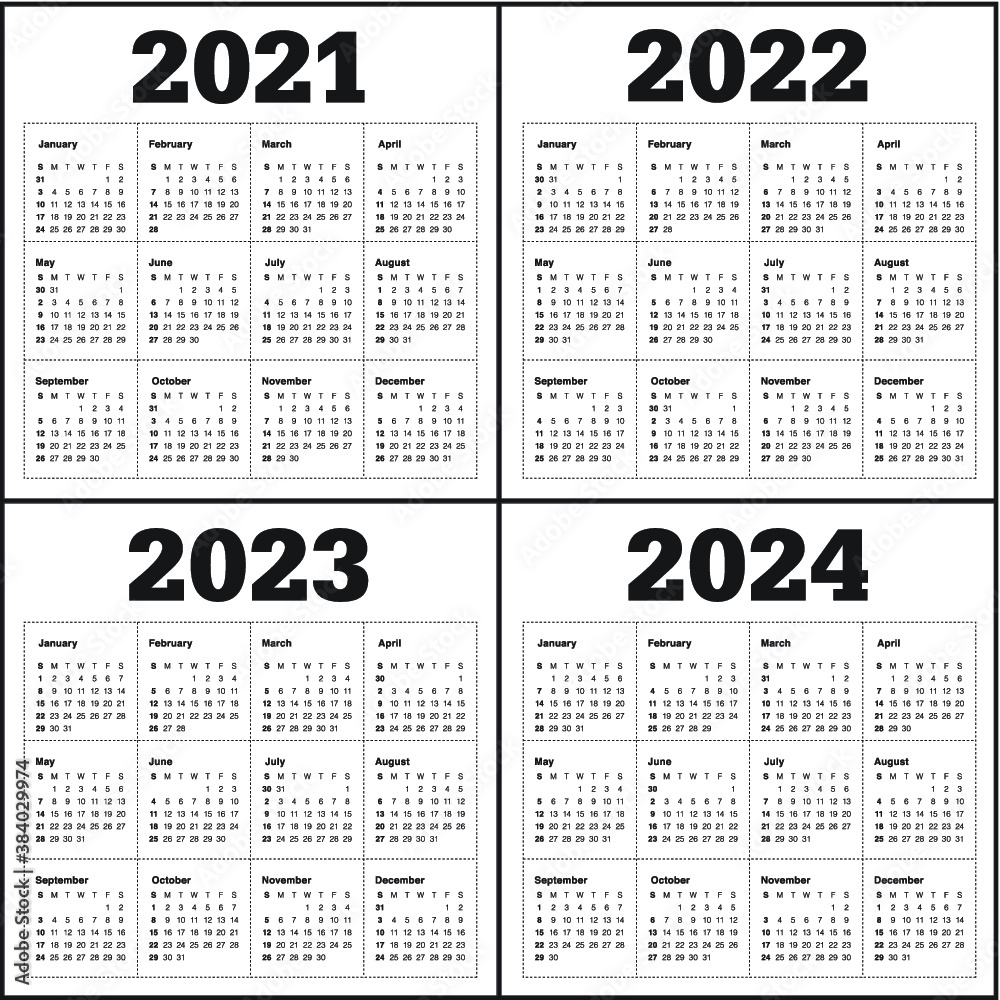 Year 2021 2022 2023 2024 calendar vector design template, simple and ...