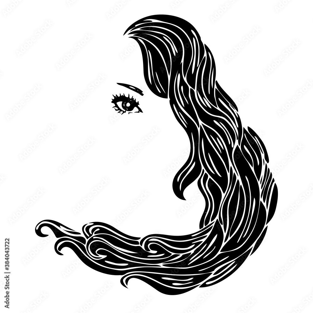 Bright logo portrait girl with hair in the form of sea waves. Water ...
