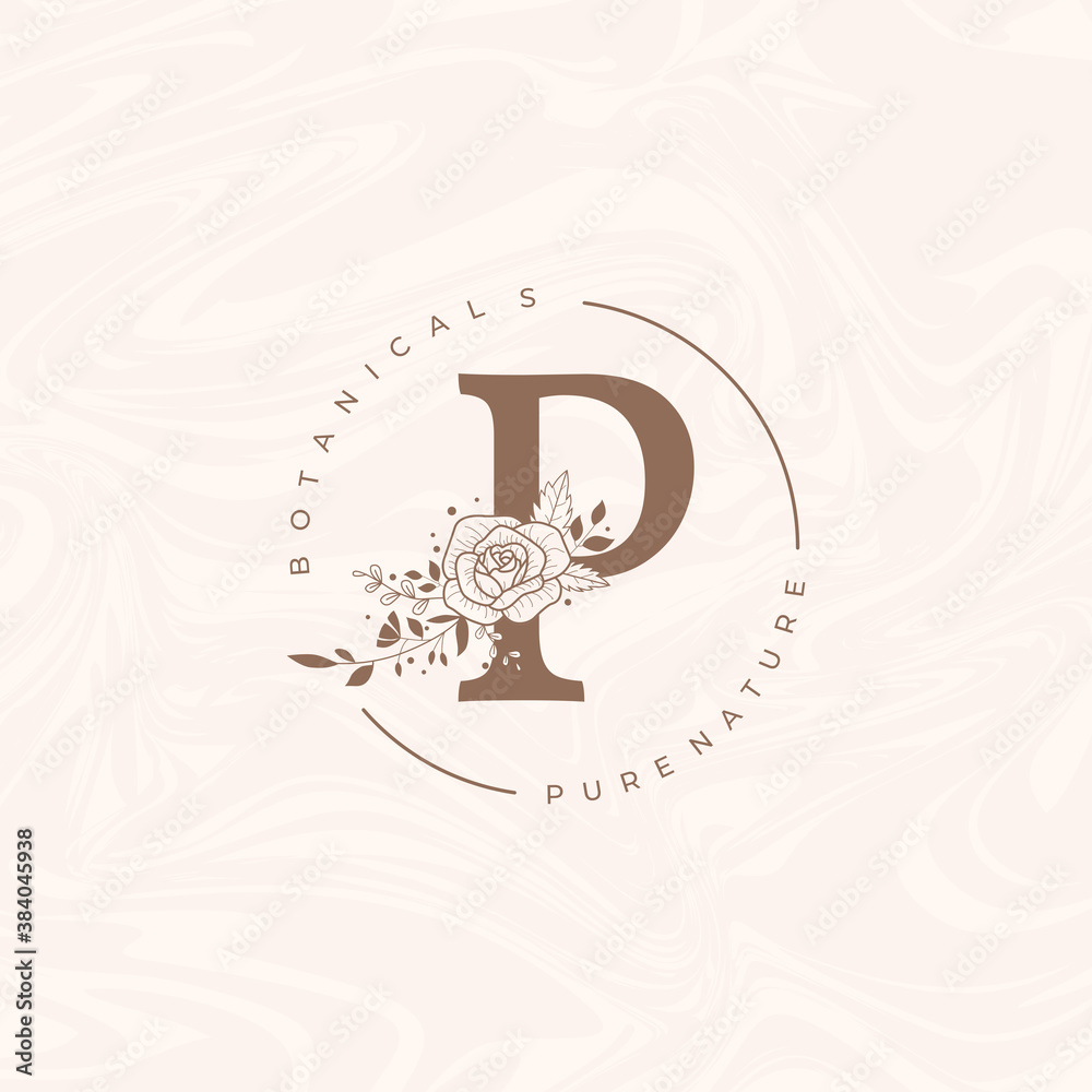 Letter P Botanical Flowers . Initial Wedding Monogram Font Logo. Circle ...