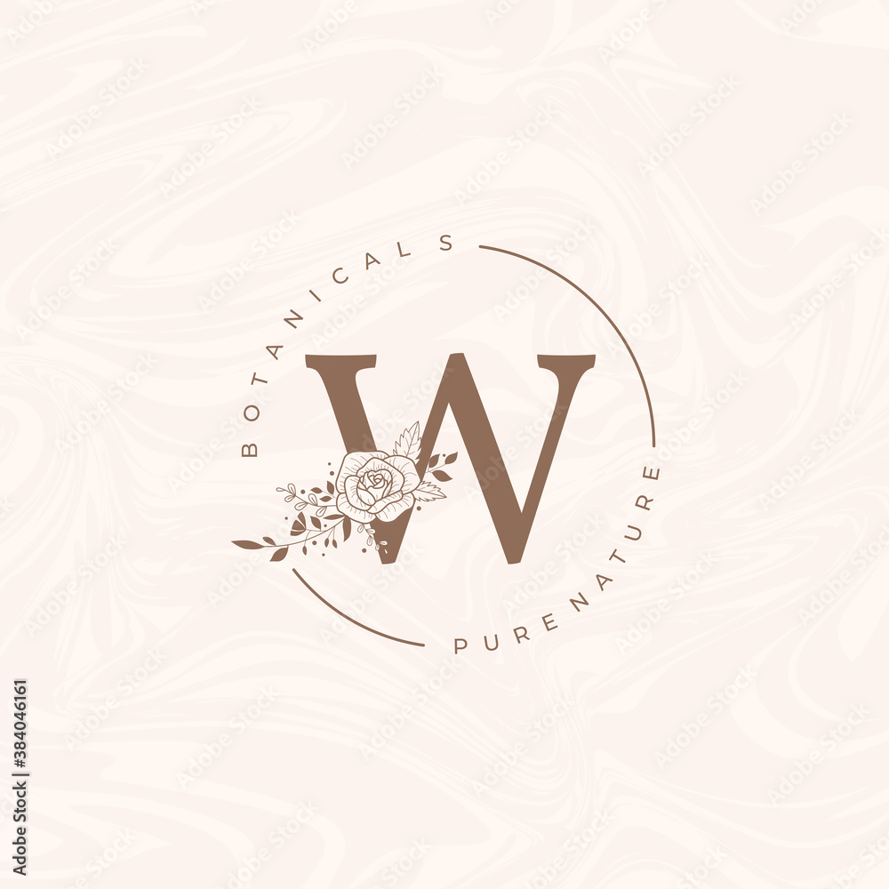 Letter W Botanical Flowers . Initial Wedding Monogram Font Logo. Circle ...