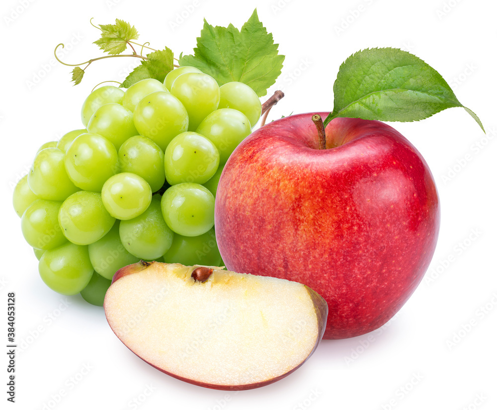 Red Apple and Green grape with leaves isolated on white background With ...