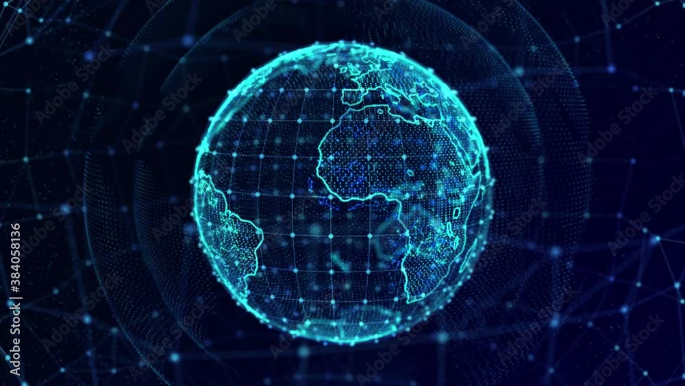 Animation of particle Earth Globe Rotating and Glow Light Shine Beam ...