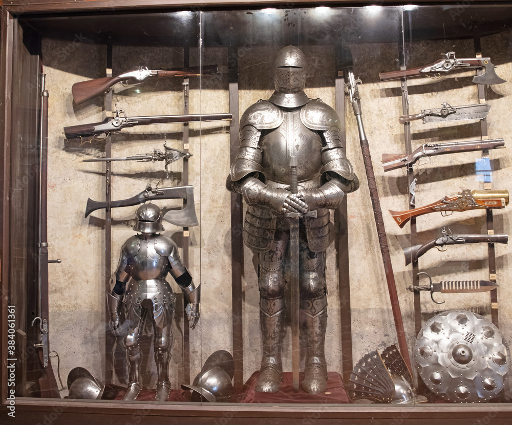 Prague, Czech Republic on july 8, 2020: Medieval armor in the interior ...