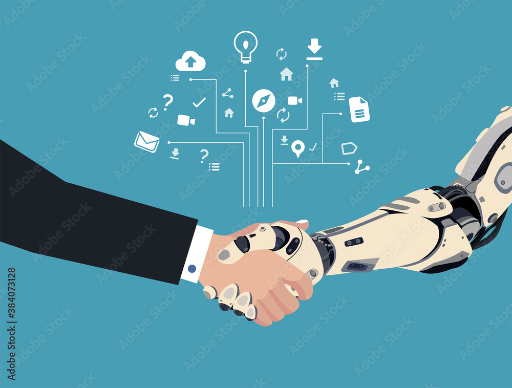 Cooperative work and contract between cyborg and human. Handshake of ...