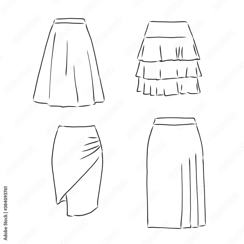 Skirt hand drawn vector illustration black on white line, skirt, vector ...