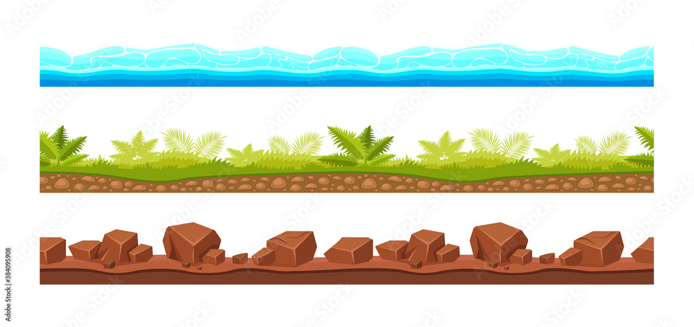 Landscape grounds seamless. Water with waves, nature soil layers with ...