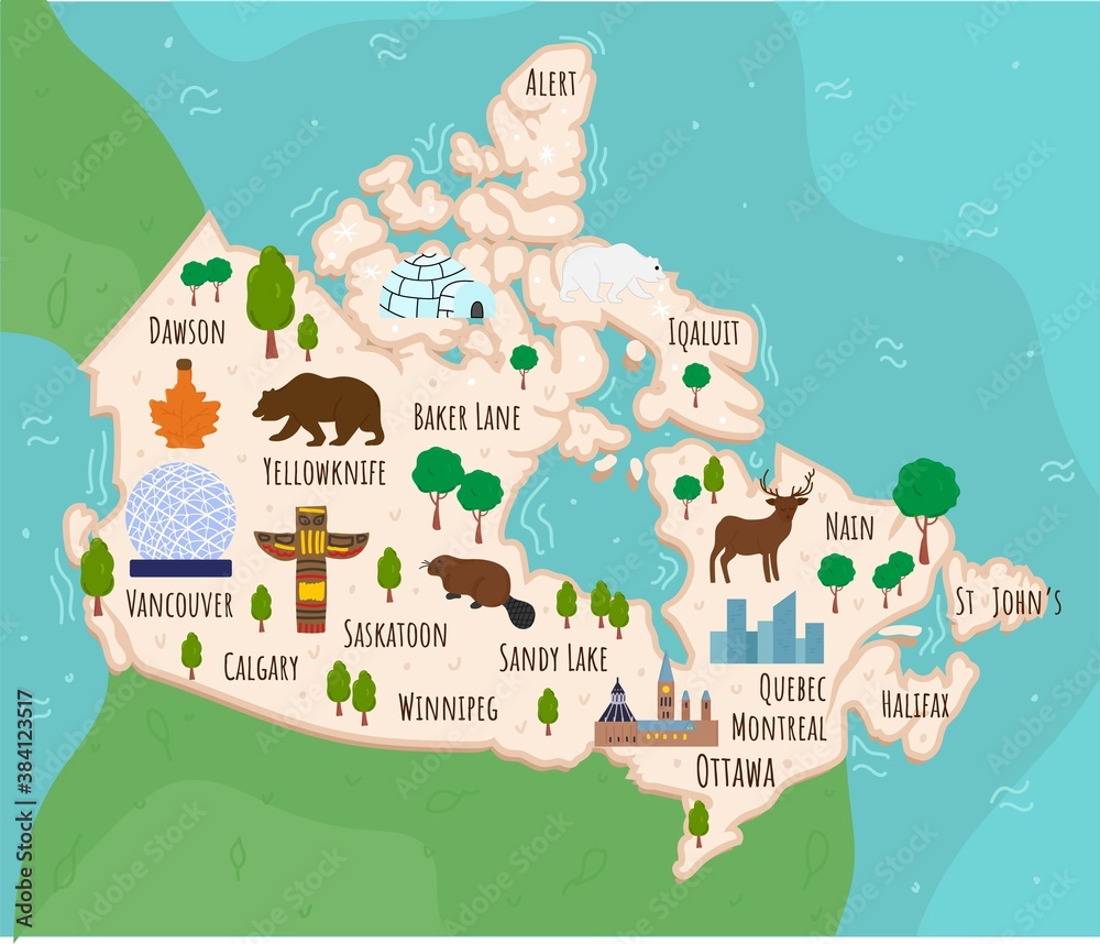 Cartoon map of Canada. Travel illustration with canadian landmarks ...