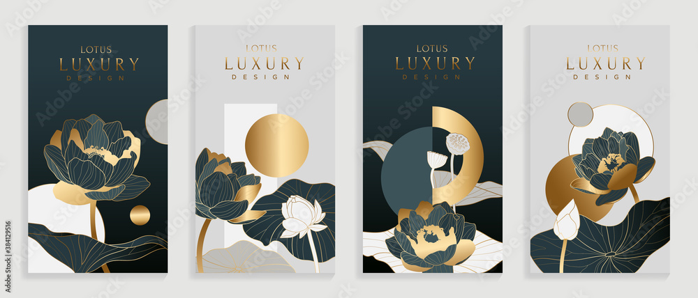 Luxury cover design template. Lotus line arts hand draw gold lotus ...