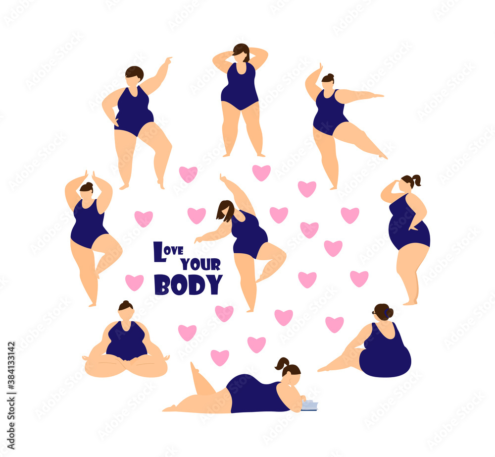 Love your body and body positive concept. Plus size women in different ...