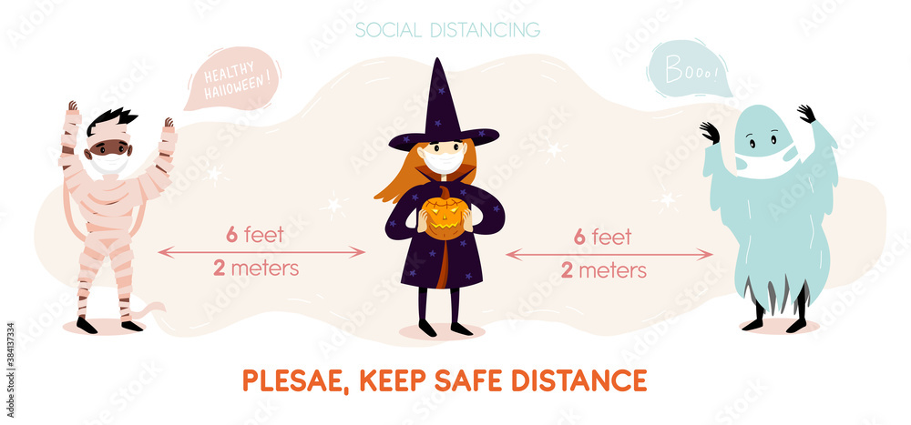 Social distancing COVID-19 Halloween infographic banner with cartoon ...