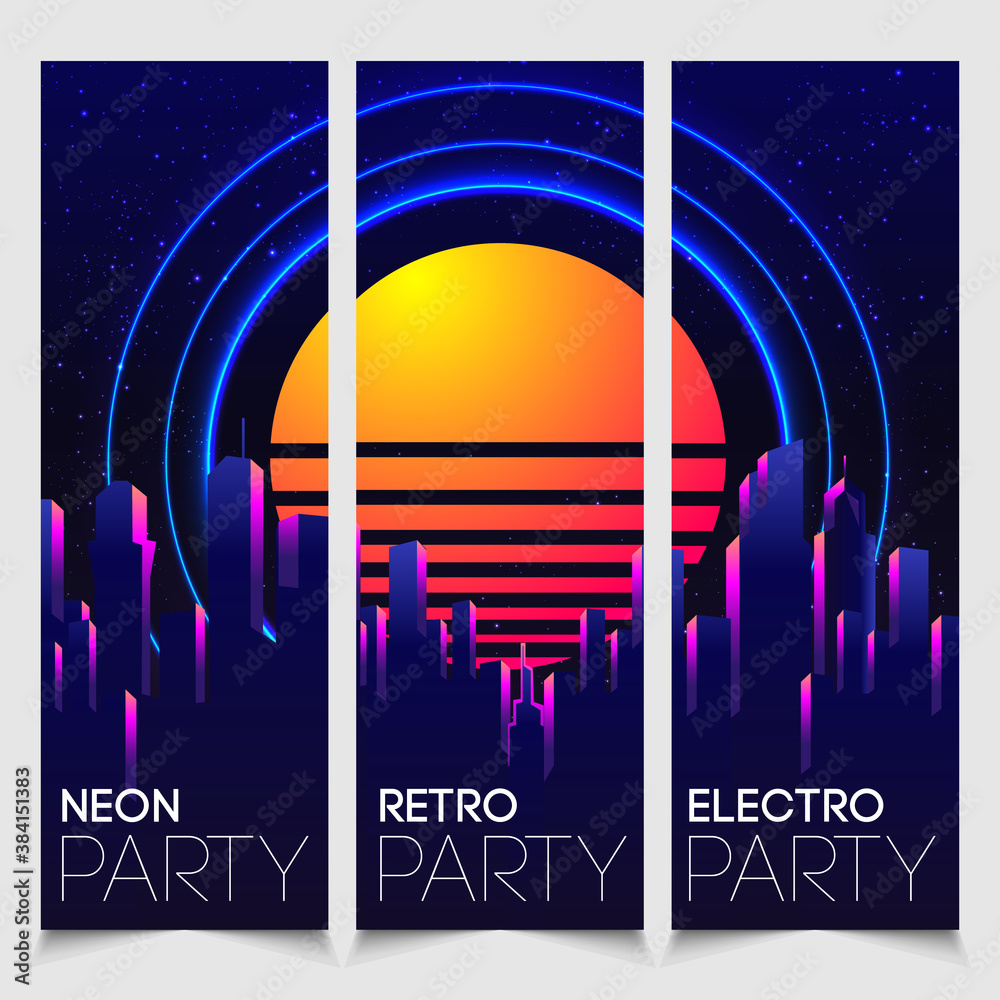 Rave party Flyer design template set in 1980s style. Retro Futurism ...