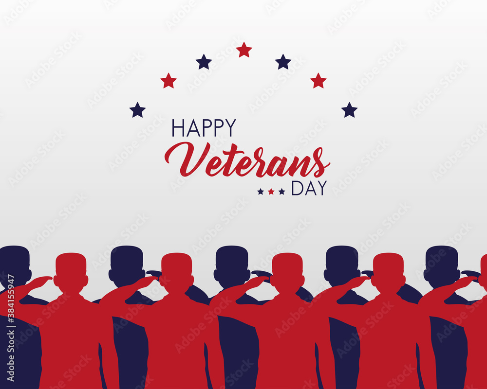 happy veterans day lettering with group saluting soldiers silhouettes ...