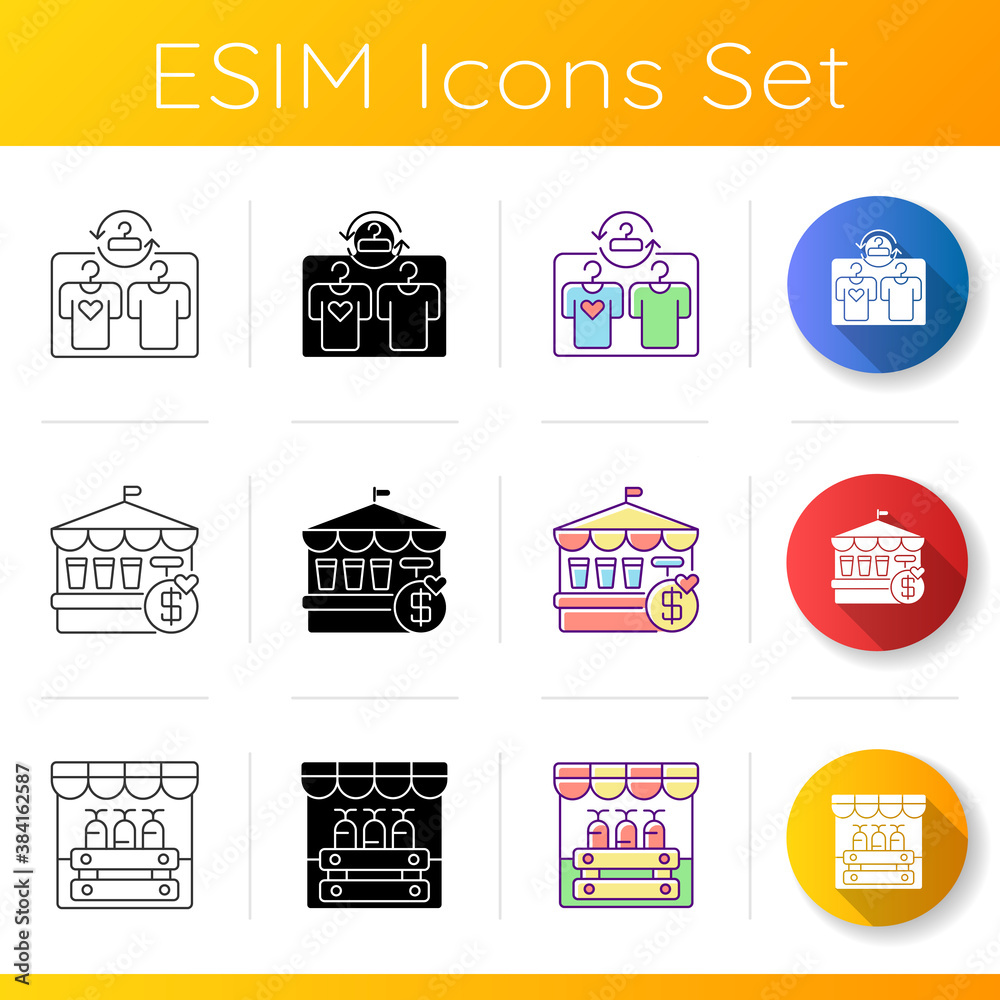 Flea market icons set. Linear, black and RGB color styles. Second hand ...