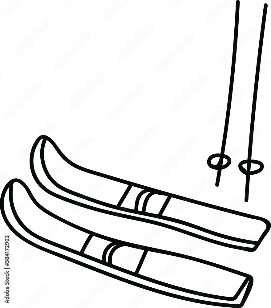 A pair of skis and ski poles. Simple black and white minimalist ...