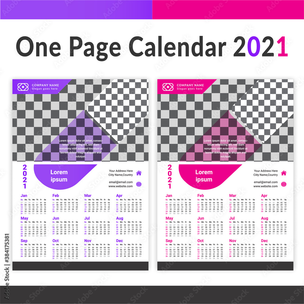 One page calendar 2021 design vector template. Annual report, magazine ...
