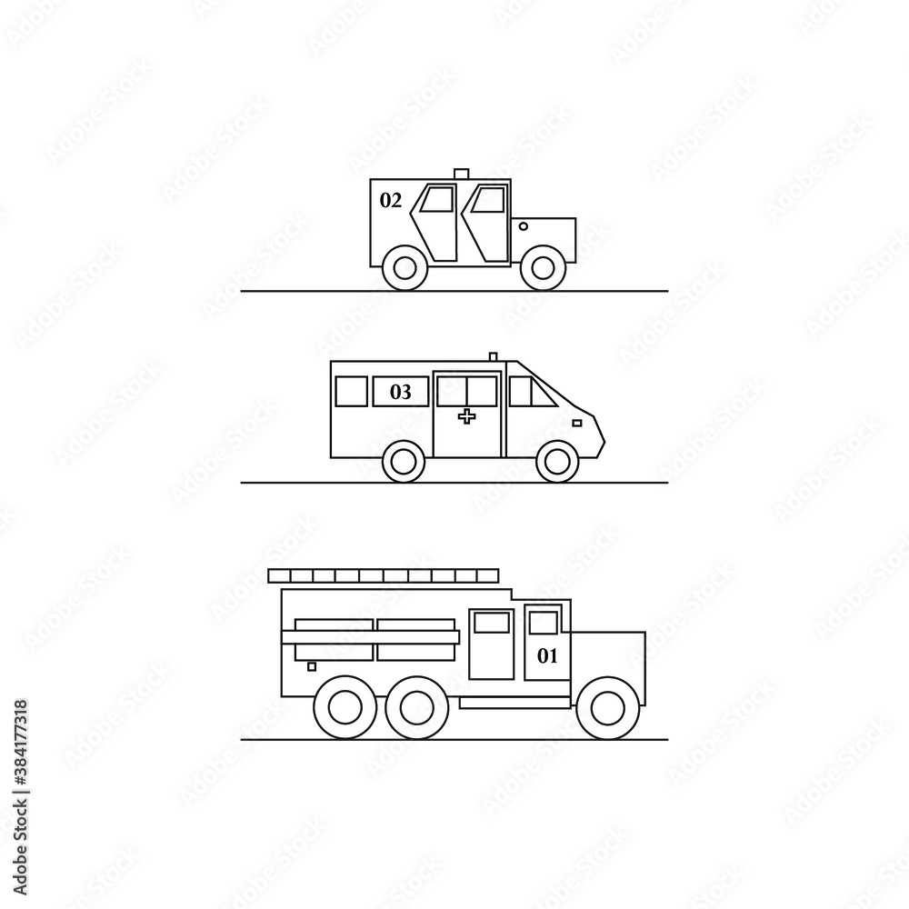 Sketchy illustration of police, fire brigade and ambulance vehicles ...