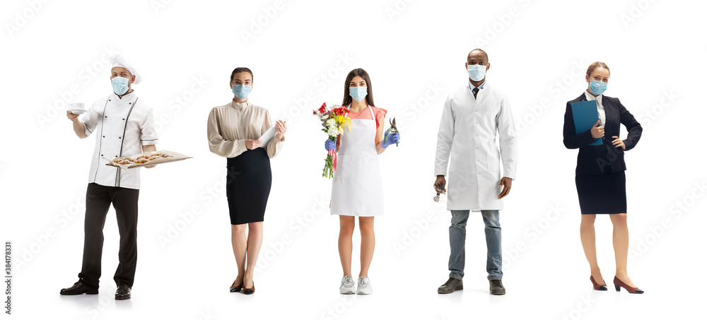 Group of people with different professions on white studio background ...
