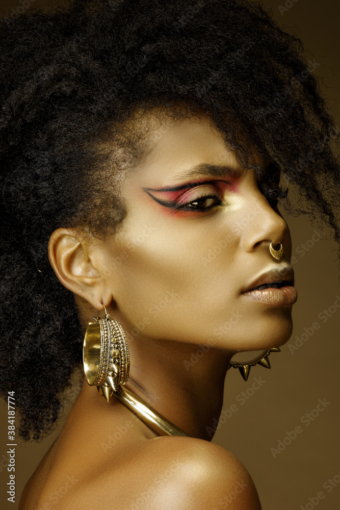 Colorful portrait of a beautiful afro girl wearing gold jewelry Stock ...