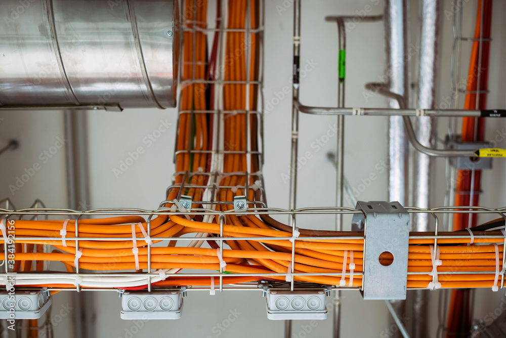 Electrical conduits system and metal pipeline installed on building ...