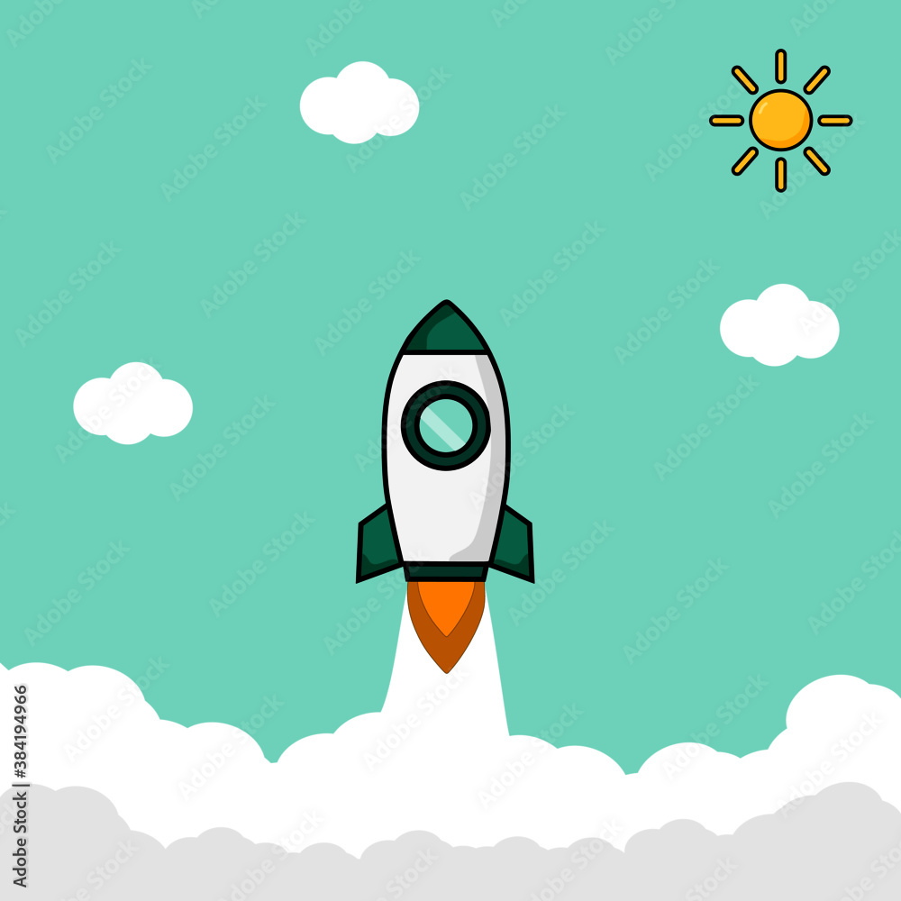 Vector illustration of a 3D rocket launch with clouds around it ...