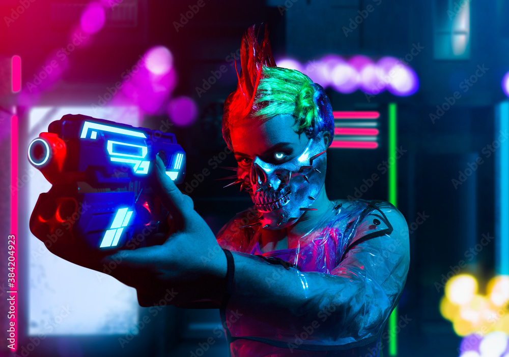 Crazy killer cyborg woman with mohawk hairstyle in spiked skull mask ...