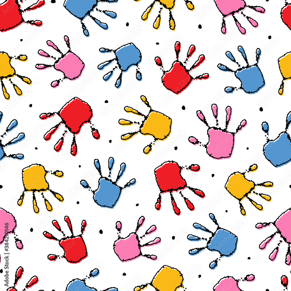 Vector seamless pattern. Fun handprint. Joyful hand print. Funny ...