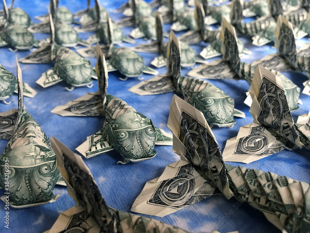 Money Origami Shoal of KOI FISH Folded with Real One Dollar Bills Stock ...