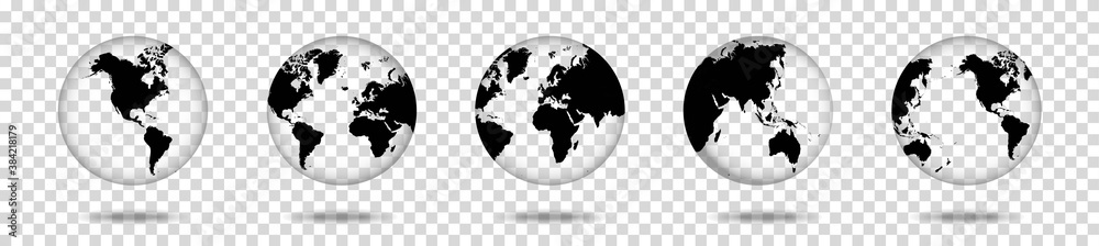 Set of transparent globes of Earth, realistic world map in globe shape ...