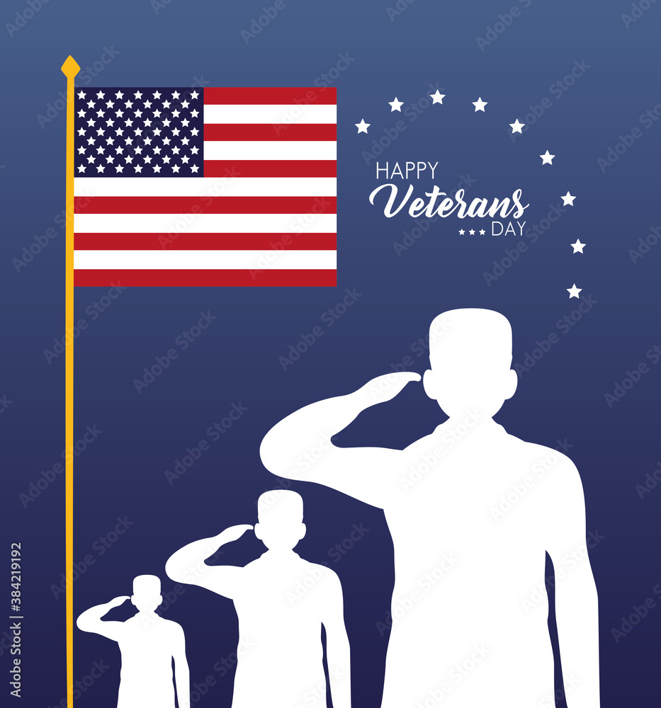 happy veterans day lettering with saluting soldiers silhouettes and ...
