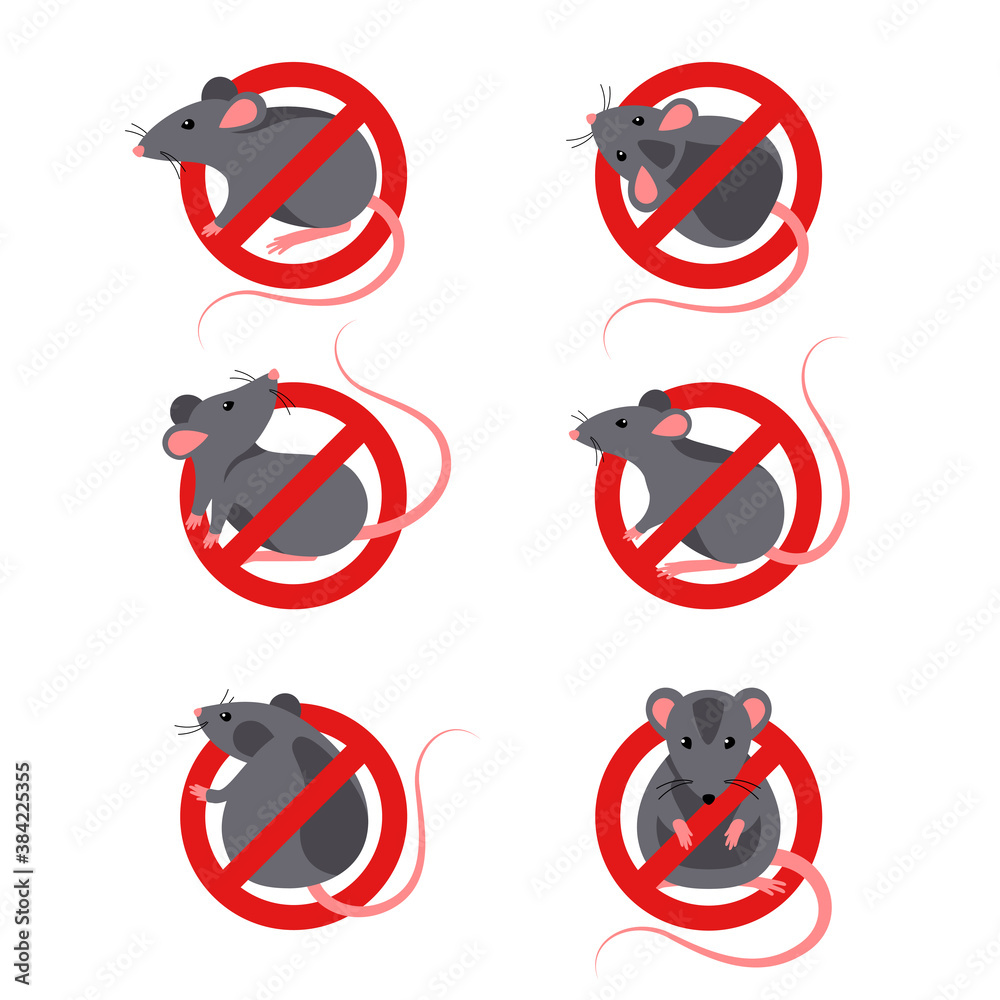 Set of anti pest signs with gray rats silhouettes under red circle ...