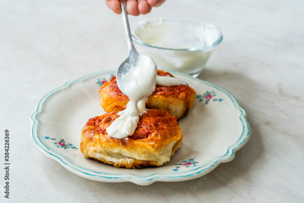 Turkish Traditional Food Borek Manti with Minced Meat, Tomato Paste and ...