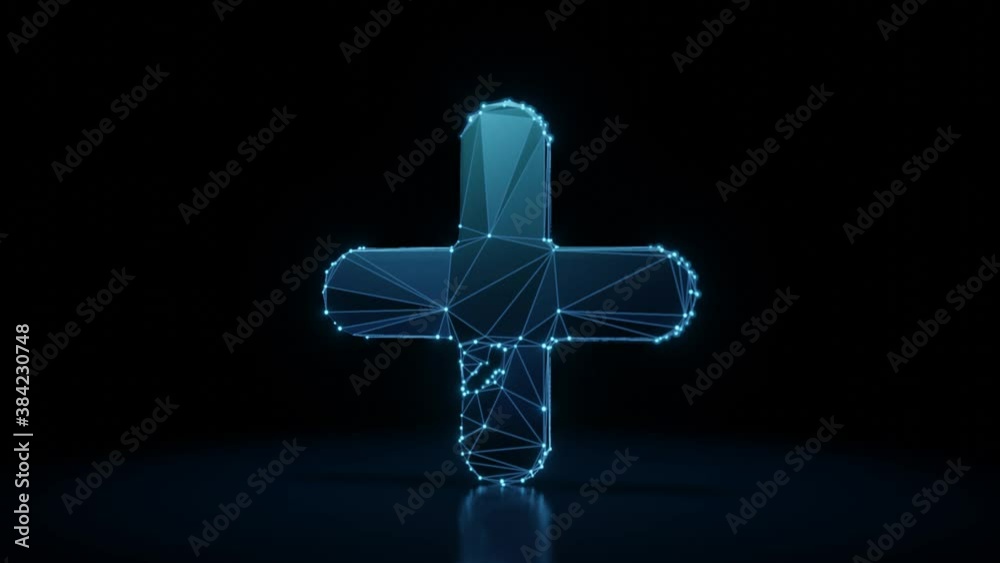 3d rendering 4k fly through wireframe neon glowing symbol of plus with ...