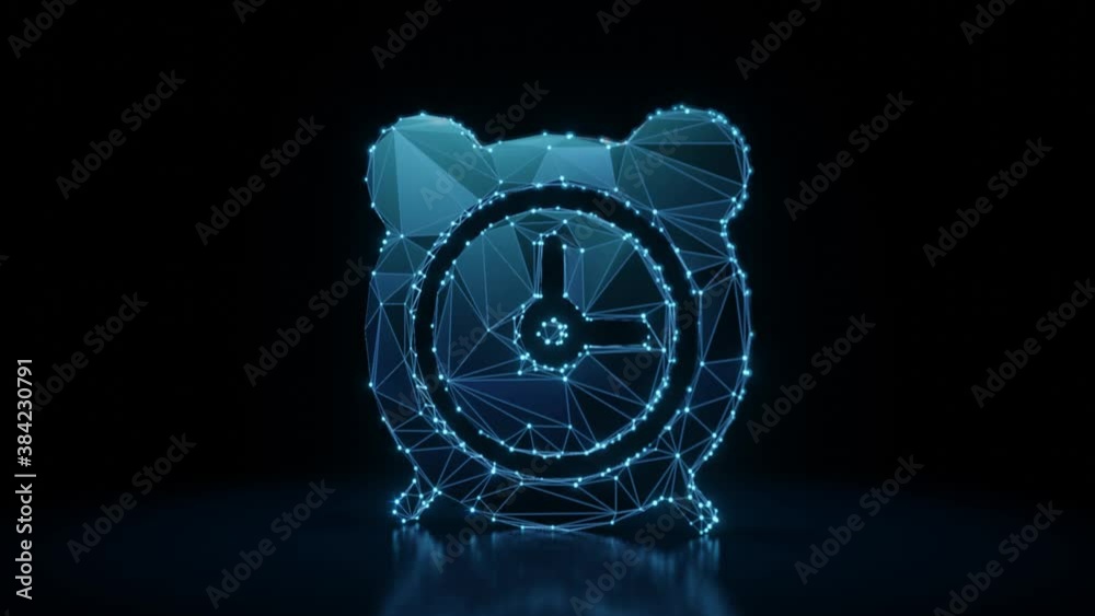 3d rendering 4k fly through wireframe neon glowing symbol of alarm ...